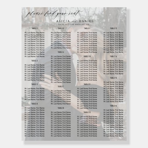 Photo seating chart wedding reception table sign | Zazzle