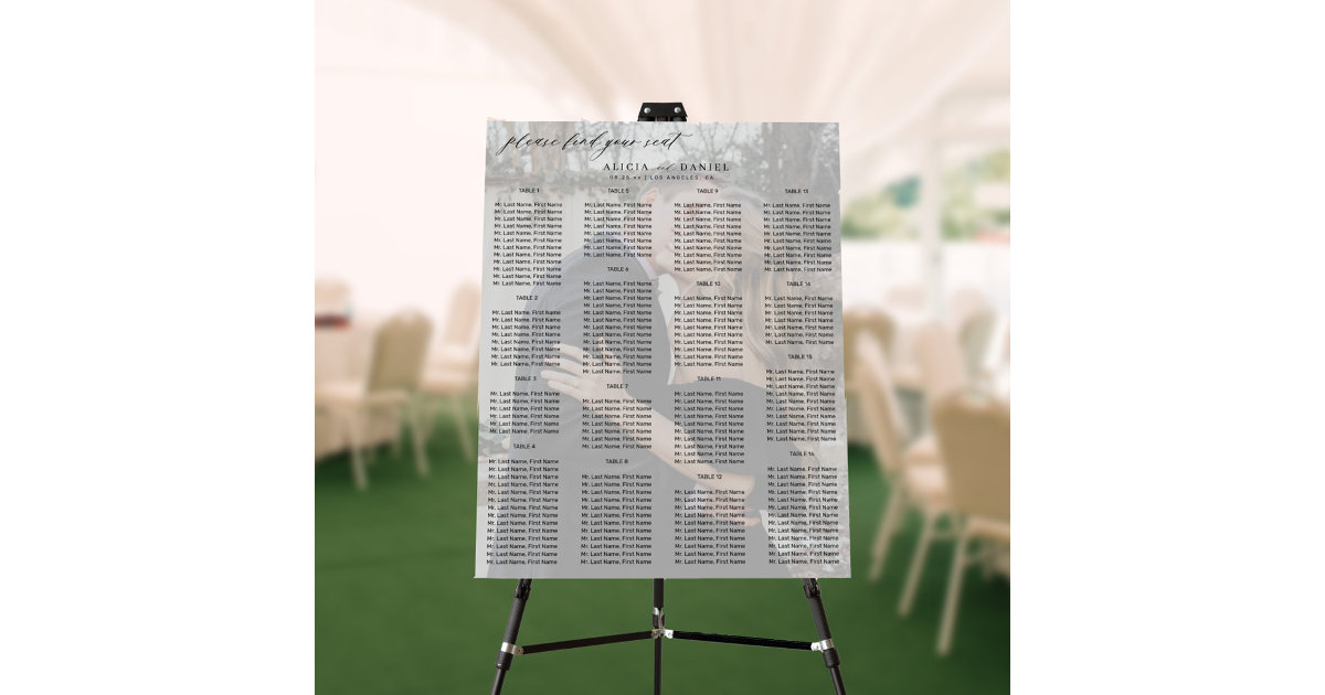 Photo seating chart wedding reception table sign | Zazzle