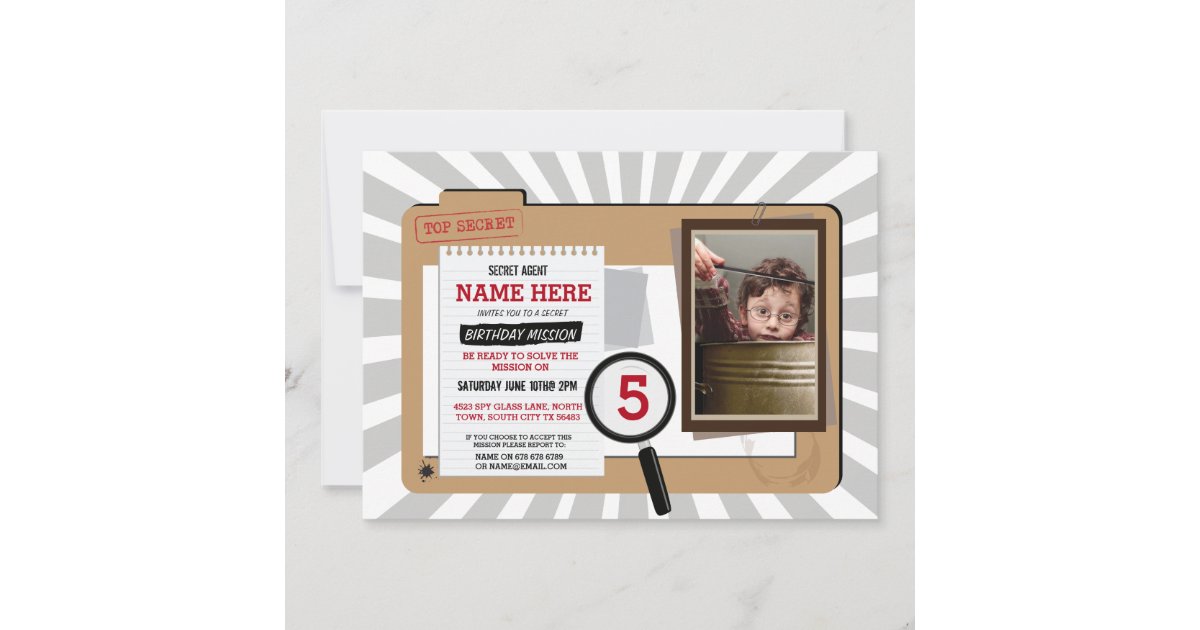 Photo Secret Agent Birthday Detective Invite | Zazzle