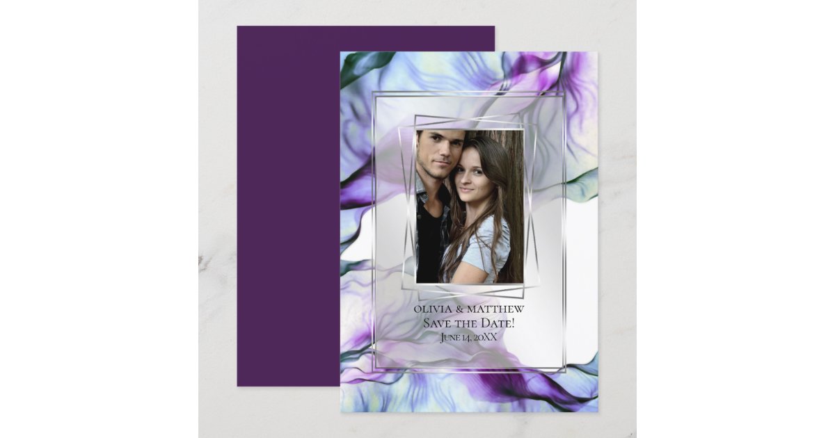 Photo Silver Frame Abstract Plum Teal Flowing Ink Invitation | Zazzle