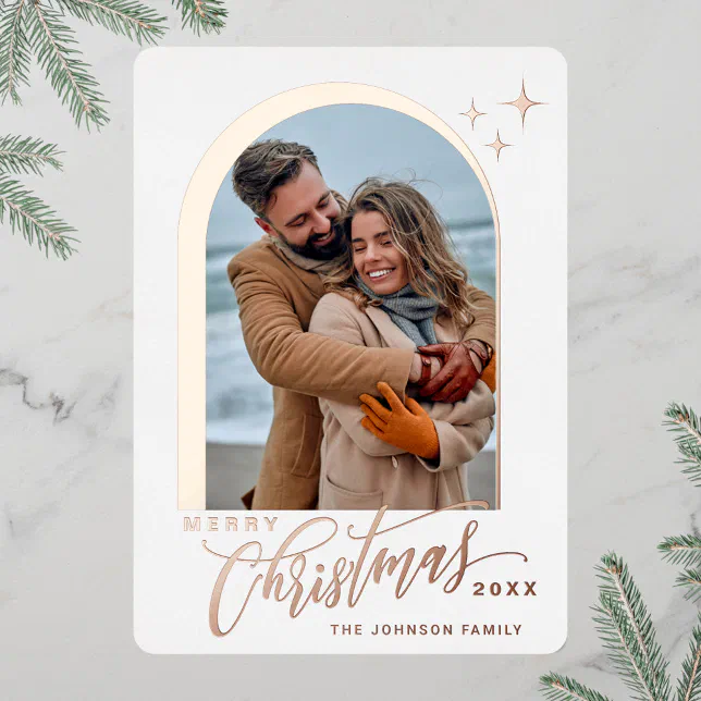 PHOTO Simply Elegant Sparkle Christmas Rose Gold Foil Holiday Card | Zazzle
