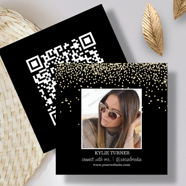 Photo | Social Media | Black Glitter | QR Code Square Business Card ...