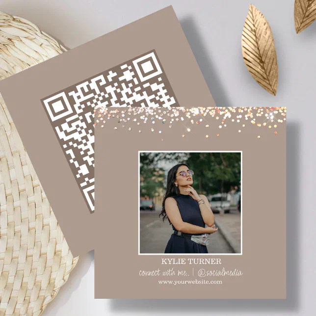 Photo | Social Media | Tan Glitter | QR Code Square Business Card | Zazzle