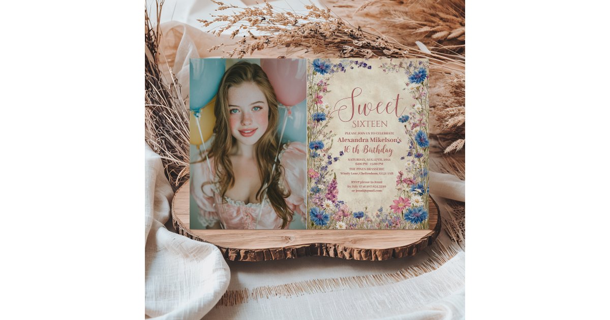 Photo Soft Cottagecore Floral Sweet Sixteen Invitation | Zazzle