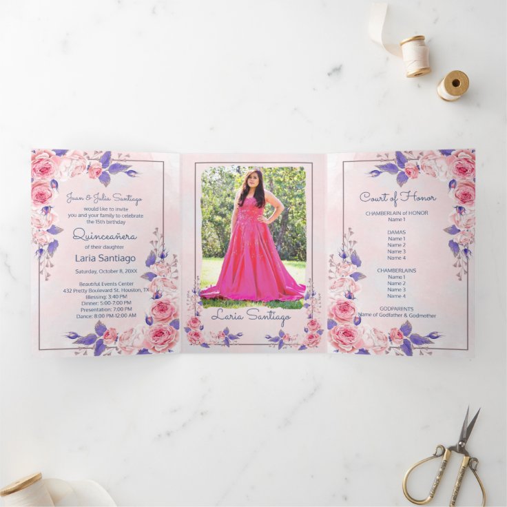 Photo Spanish Pink and Purple Roses Quinceanera Tri-Fold Invitation ...