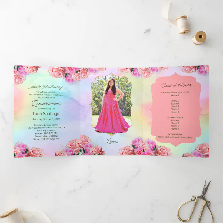 Photo Spanish Pink Roses Rainbow Quinceanera Tri-Fold Invitation | Zazzle
