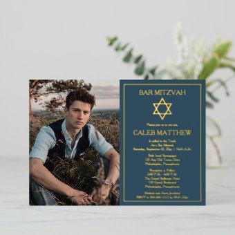 Photo | Star of David Dark Blue Bar Mitzvah Foil Invitation | Zazzle