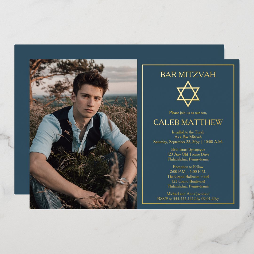 Photo | Star of David Dark Blue Bar Mitzvah Foil Invitation | Zazzle