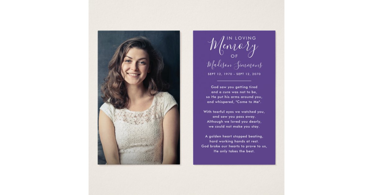 Photo Sympathy Funeral Memorial Purple Prayer Card | Zazzle