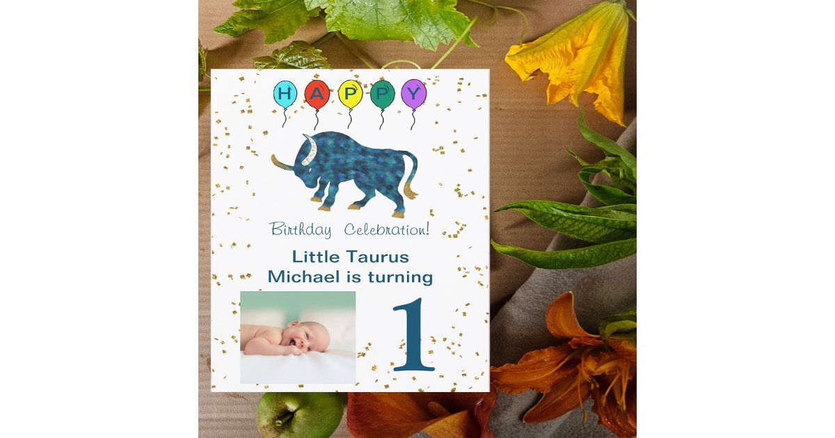 Photo & Taurus Birthday with Gold & Balloons Invitation | Zazzle