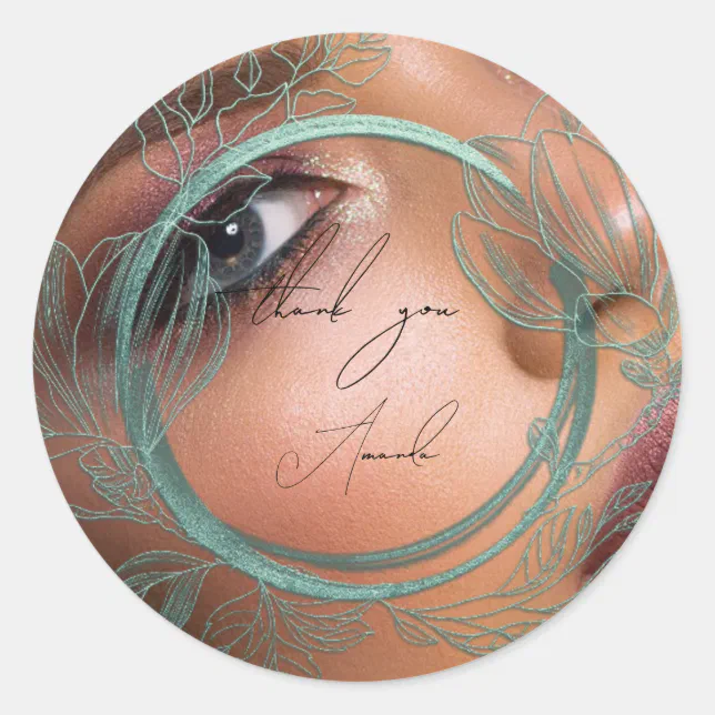 Photo Thank You Name Magnolia Floral Frame Teal Classic Round Sticker ...