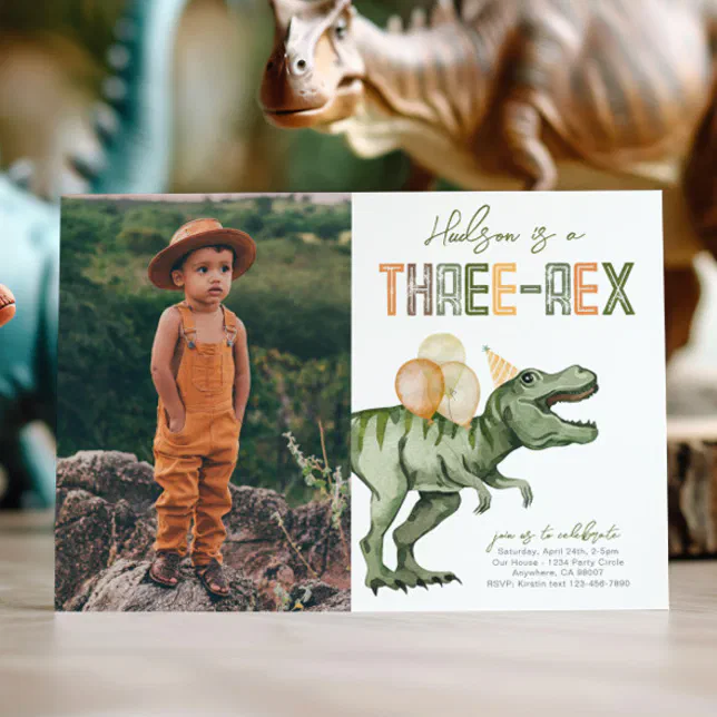 Photo Three-Rex Dinosaur Birthday Invitation | Zazzle
