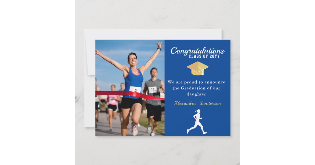 Photo Track runner congratulation Blue graduate Announcement | Zazzle