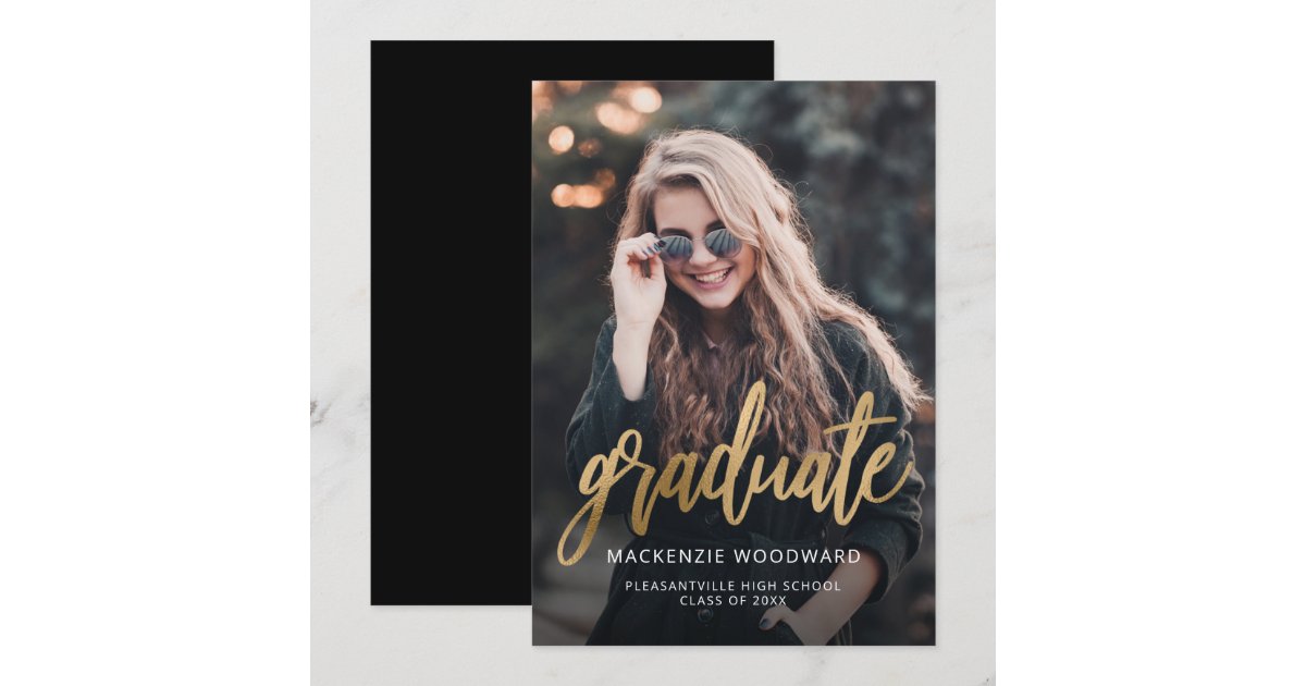 Photo Trendy Gold Script Graduation Announcement | Zazzle