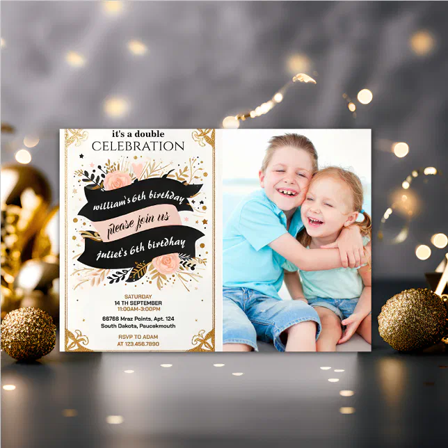 photo twin Black simple modern Joint Birthday Invitation | Zazzle