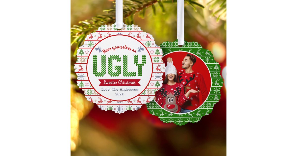 Photo Ugly Sweater Christmas Red Green Holiday Ornament Card | Zazzle