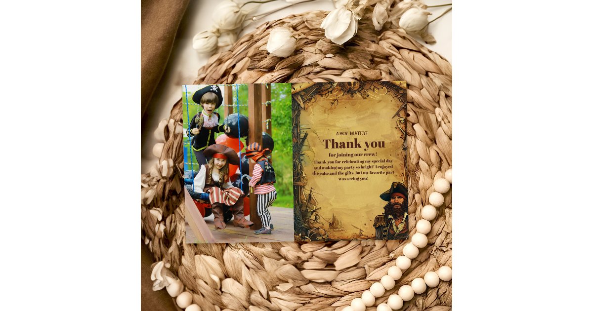 Photo Vintage Pirate Birthday Party Ahoy Matey Old Thank You Card | Zazzle