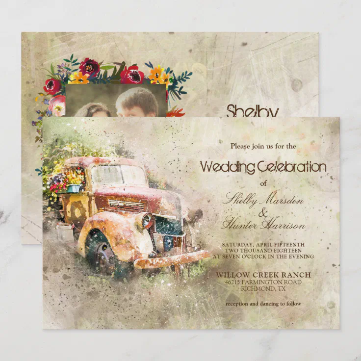 Photo Vintage Rustic Old Truck Trendy Wedding Invitation | Zazzle