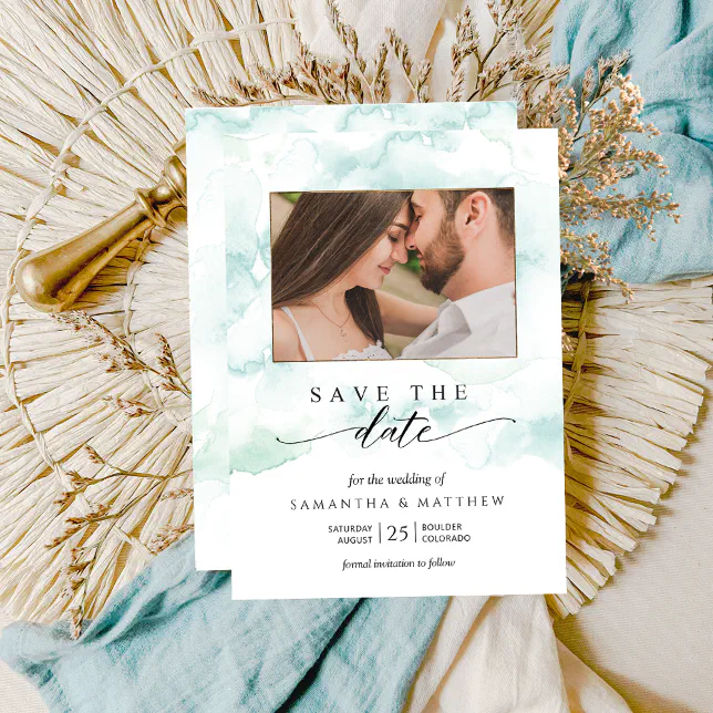 Photo, Watercolor Blue, Turquoise and Green Save The Date | Zazzle