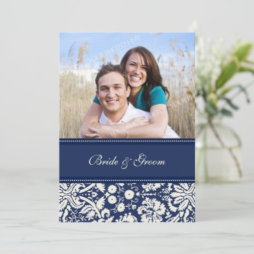 Photo Wedding Invitations Blue Cream Damask | Zazzle