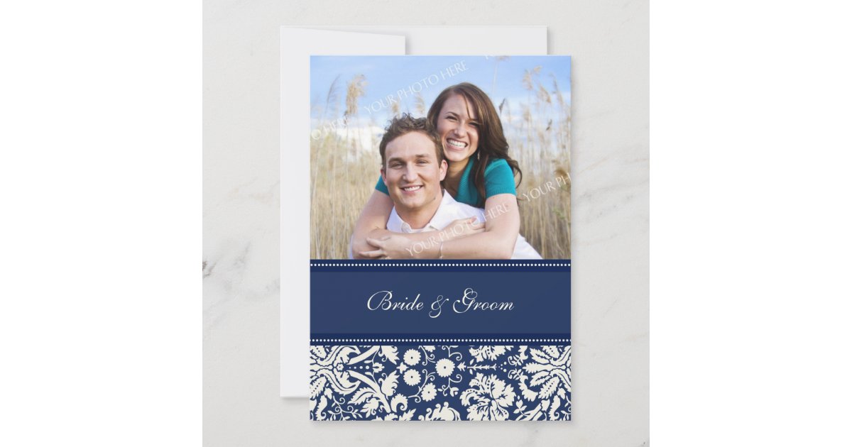 Photo Wedding Invitations Blue Cream Damask | Zazzle