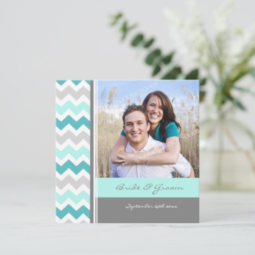 Photo Wedding Invitations Grey Teal Chevron | Zazzle