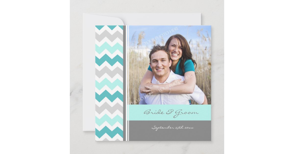 Photo Wedding Invitations Grey Teal Chevron | Zazzle