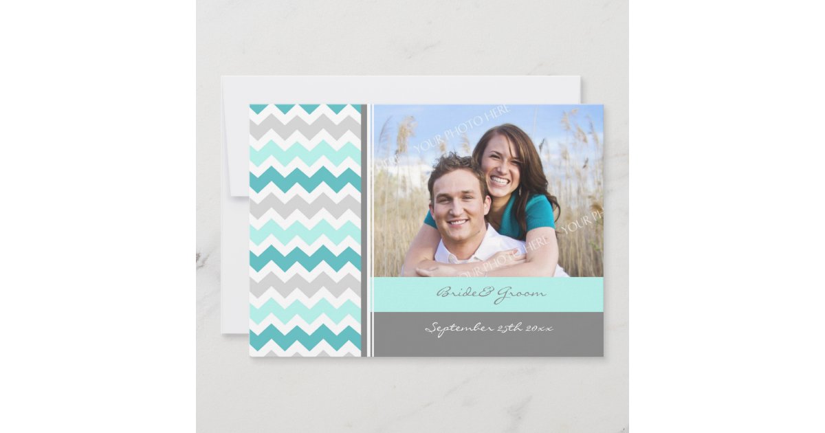 Photo Wedding Invitations Grey Teal Chevron | Zazzle