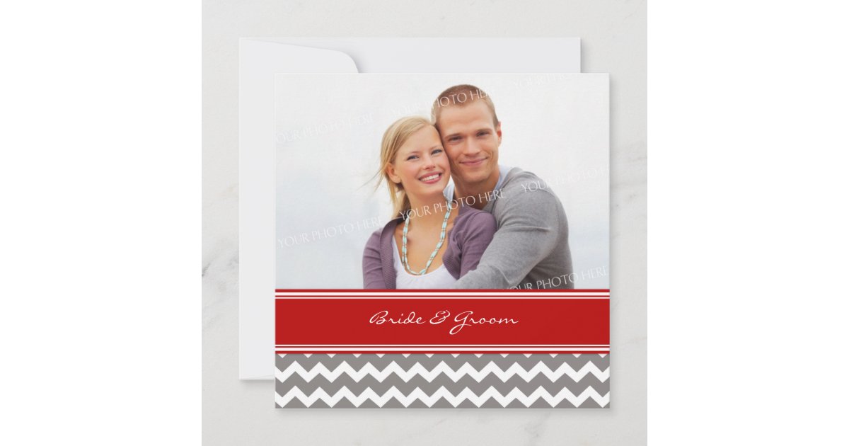 Photo Wedding Invitations Red Grey Chevron | Zazzle