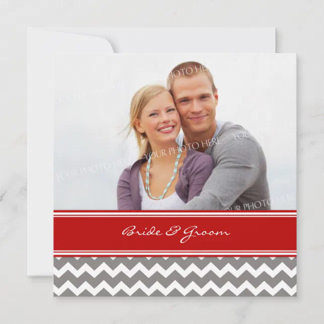 Photo Wedding Invitations Red Grey Chevron | Zazzle