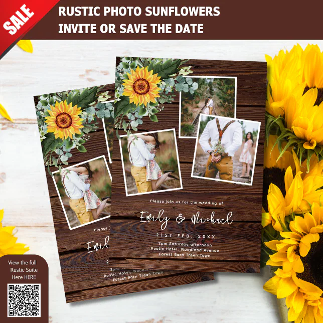 PHOTO WEDDING INVITATIONS RUSTIC SUNFLOWERS | Zazzle