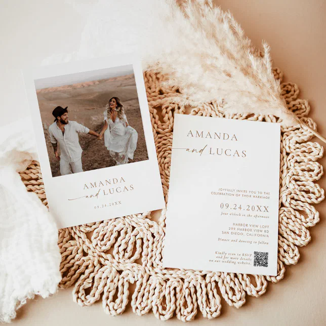 Photo Wedding Invite, Boho Minimalist Neutral Tone Invitation | Zazzle