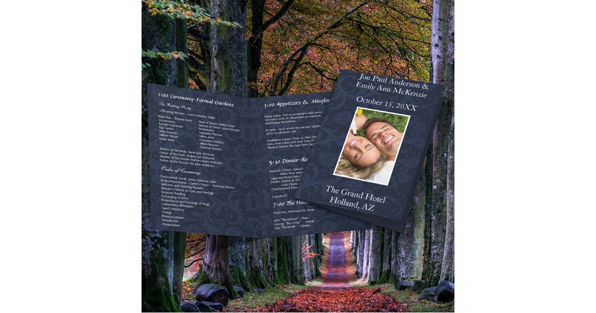 Photo Wedding Program Navy Blue & White Damask | Zazzle