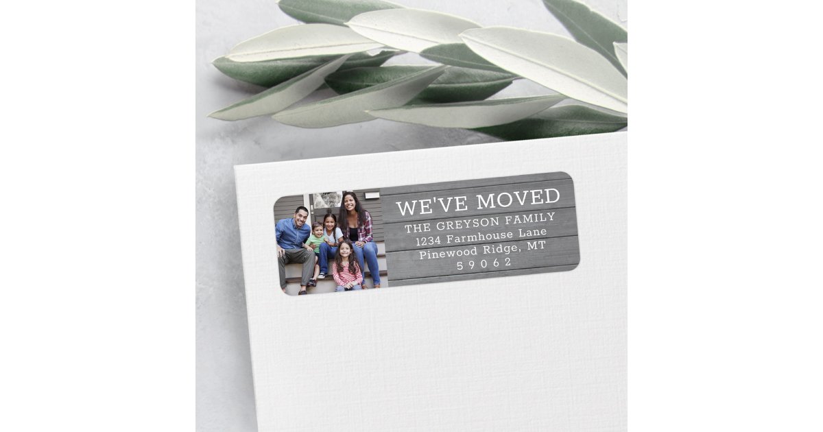 Photo We've Moved Rustic Gray Wood Return Address Label | Zazzle