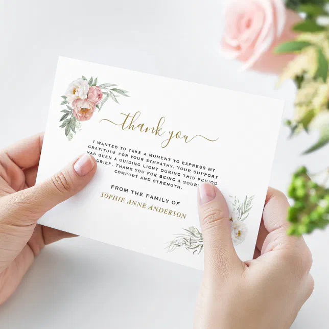 Photo White Floral Greenery Gold In Loving Memory Thank You Card | Zazzle