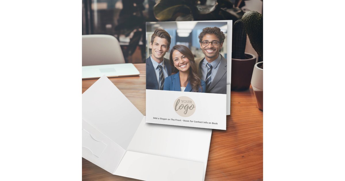 Photo with Business Logo - Text Both Sides - White Pocket Folder | Zazzle