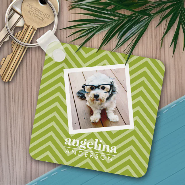 Photo with Chevron Pattern and Custom Name Keychain | Zazzle