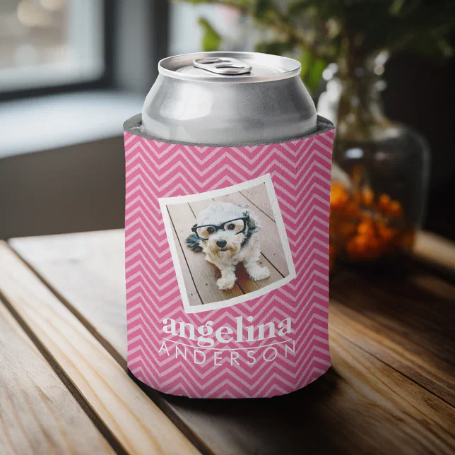 Photo with Hot Pink Chevron Pattern Custom Name Can Cooler | Zazzle