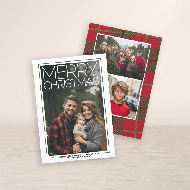 Photo with huge MERRY CHRISTMAS Red Green Plaid Holiday Card | Zazzle