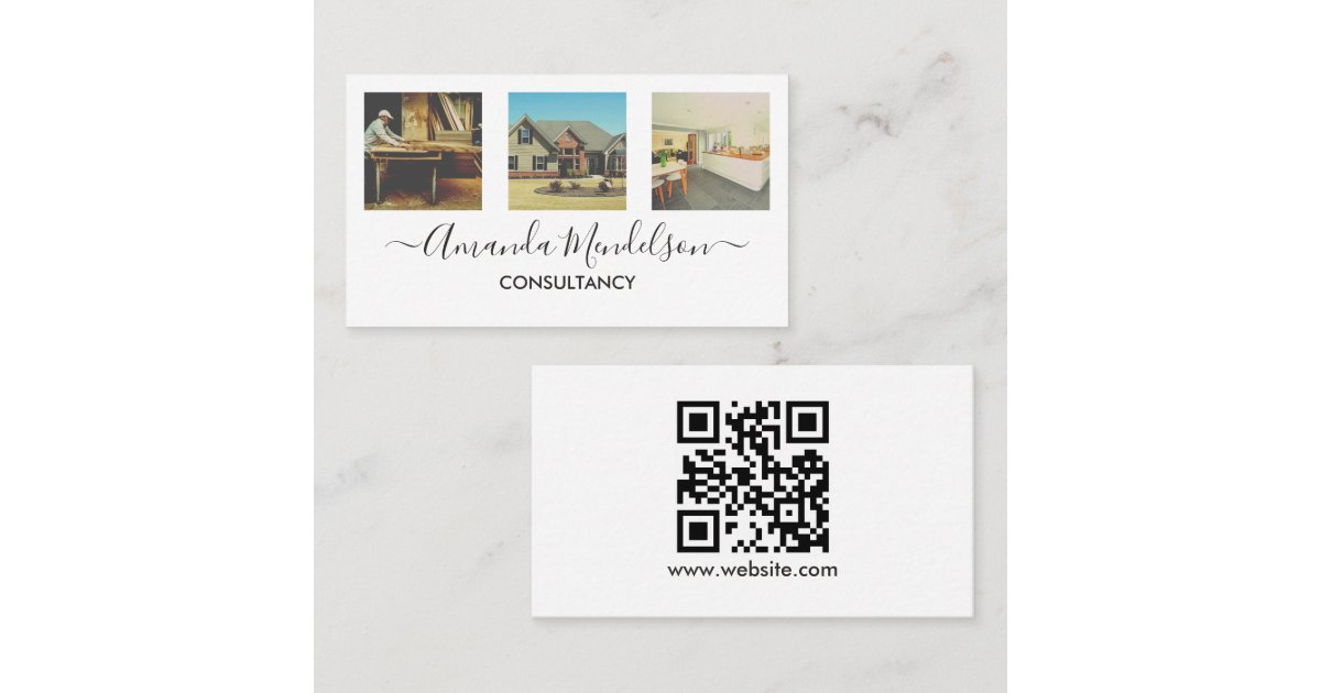 Photo x3 text and QR code or logo Business Card | Zazzle