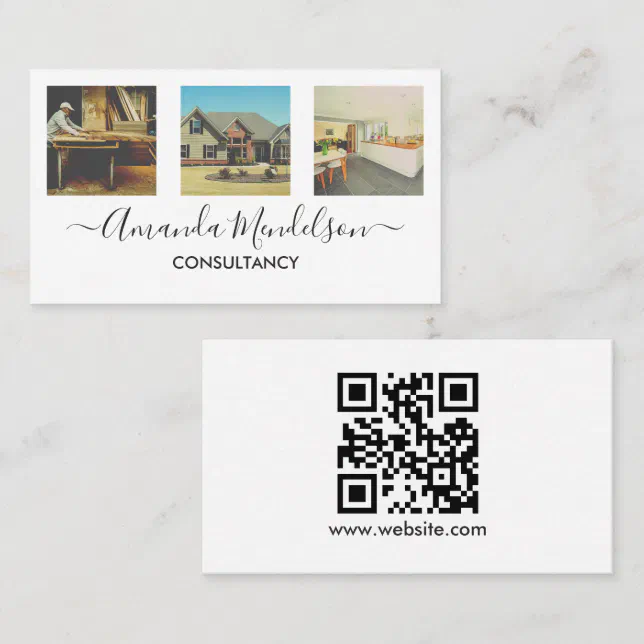 Photo x3 text and QR code or logo Business Card | Zazzle