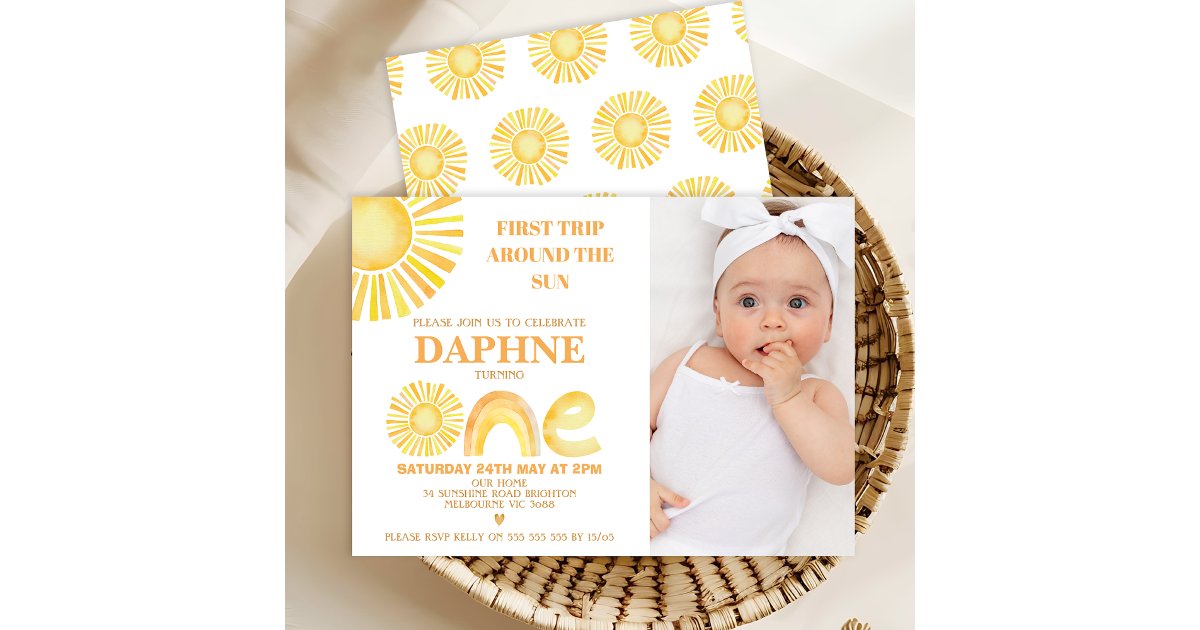 Photo Yellow First Trip Around Sun 1st Birthday Invitation | Zazzle
