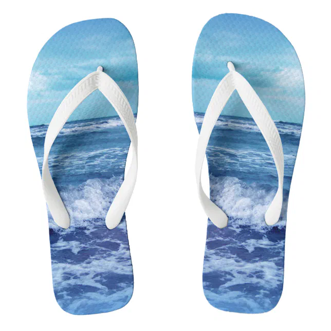 Photograph Crashing Waves Blue Ocean Sky Flip Flops | Zazzle