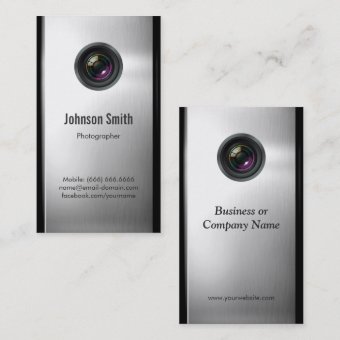 Photographer - Camera Lens in Silver Metallic Look Business Card | Zazzle