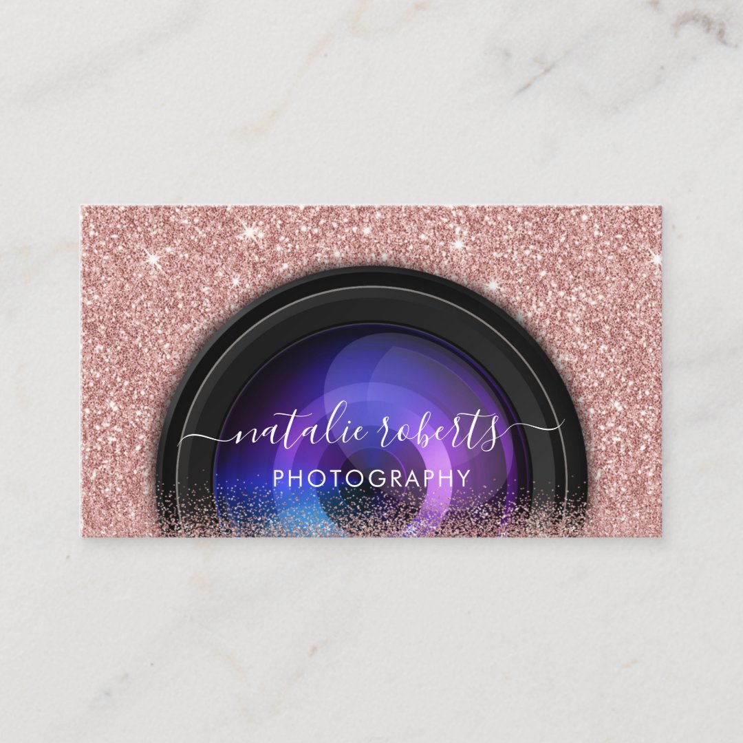 Photographer Camera Rose Gold Glitter Photography Business Card | Zazzle