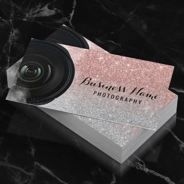 Photographer Camera Rose Gold Glitter Photography Business Card | Zazzle