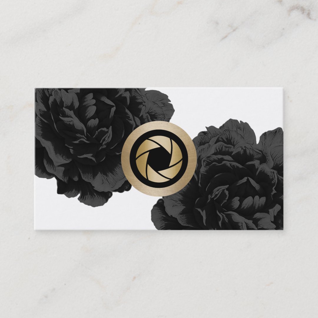 Photographer Gold Camera Shutter Logo Black Floral Business Card | Zazzle