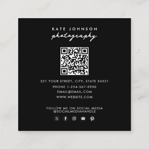 Photographer Modern Script Photography QR Code Square Business Card ...