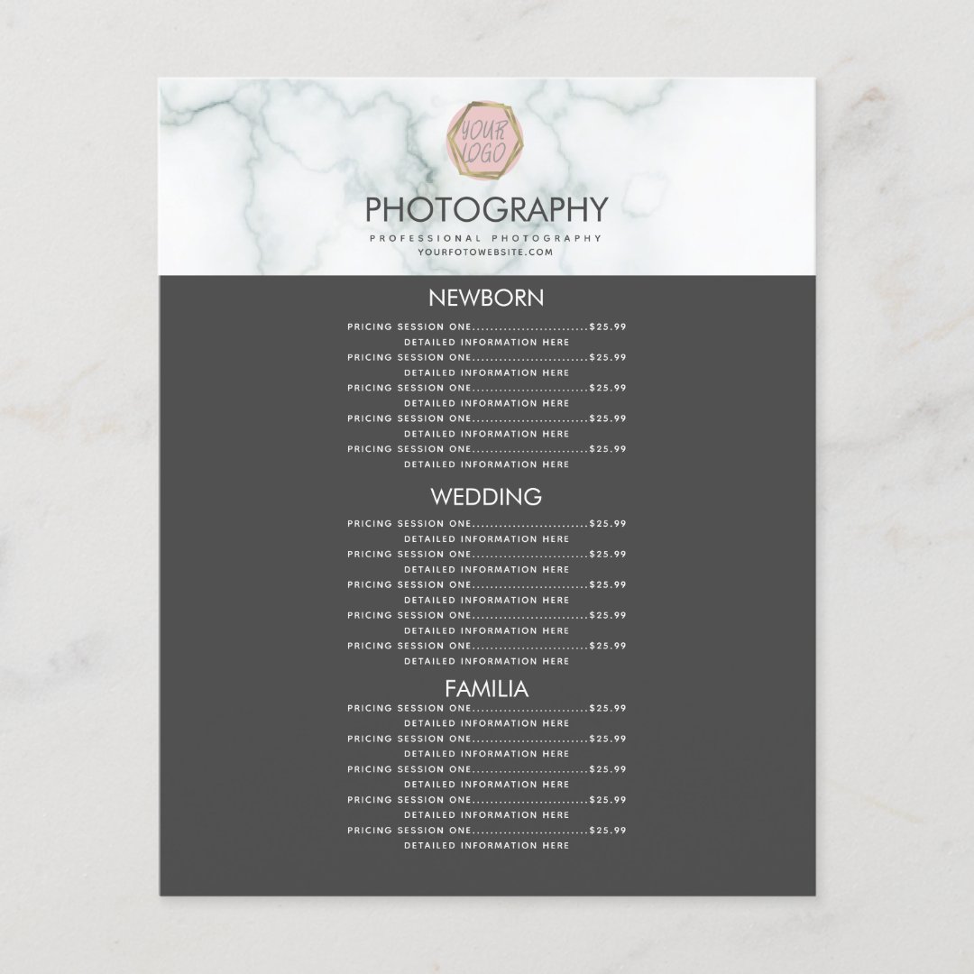 Photography Business Your Logo Gray Marble Menu | Zazzle