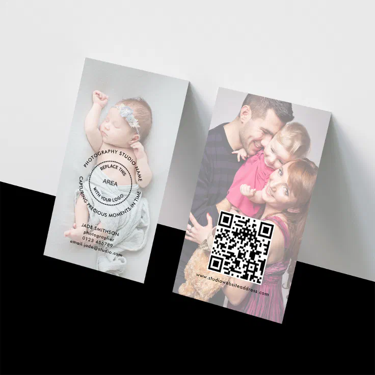 Photography Studio QR Logo Quote 2 Photo Overlay Business Card | Zazzle